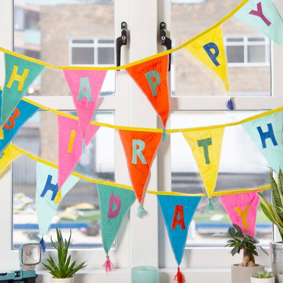 Eco Party Bunting Decorations | Fabric Tassel Bunting - Happy Birthday ...